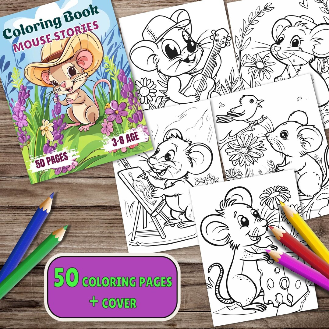 50 Mouses Stories Coloring Book, Printable Cute Mouses Coloring Pages ...