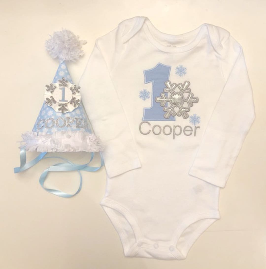 Boy Snowflake Bodysuit and Personalized Party Hat Set, Baby Toddler 1st ...