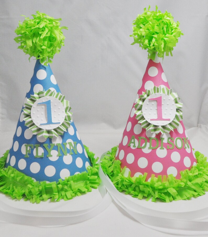 Boy Girl Twins Party Hats Personalized, Polka Dots and Stripes, 1st ...