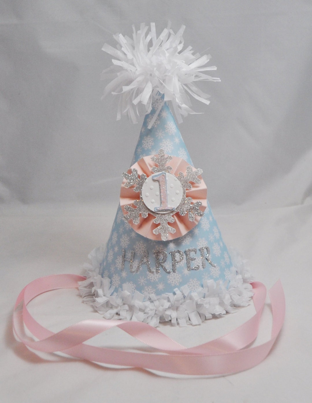 Girl Snowflake Party Hat Personalized, Pink and Blue, First 1st Winter ...