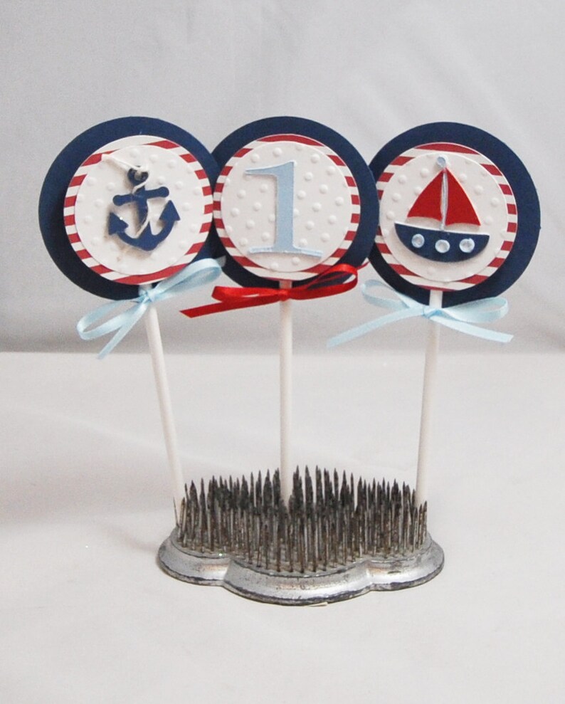Boy Nautical Cupcake Toppers, Set of 12, Little Sailor 1st First ...