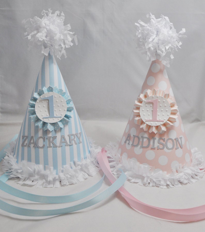 Boy Girl Twins Party Hats Personalized, Polka Dots and Stripes, 1st ...