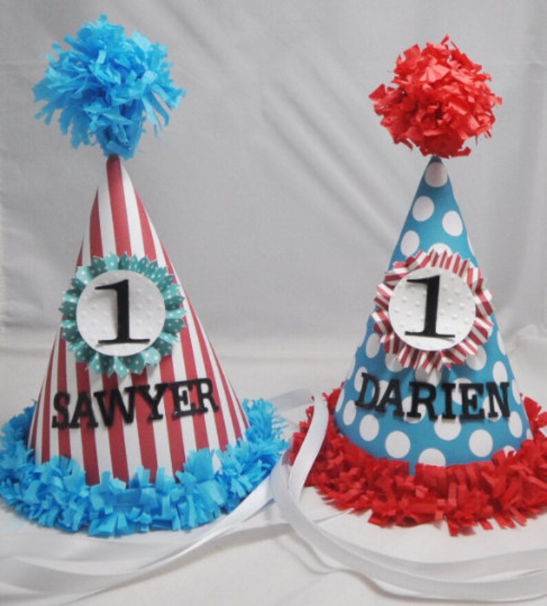 Boy Girl Twins Party Hats Personalized, Polka Dots and Stripes, 1st ...