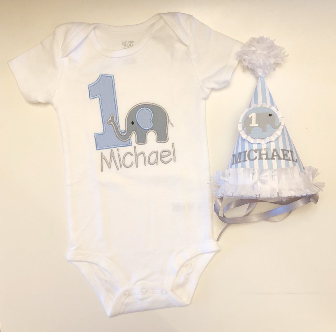 Boy Elephant Party Hat and Bodysuit or Shirt Set Personalized, 1st ...
