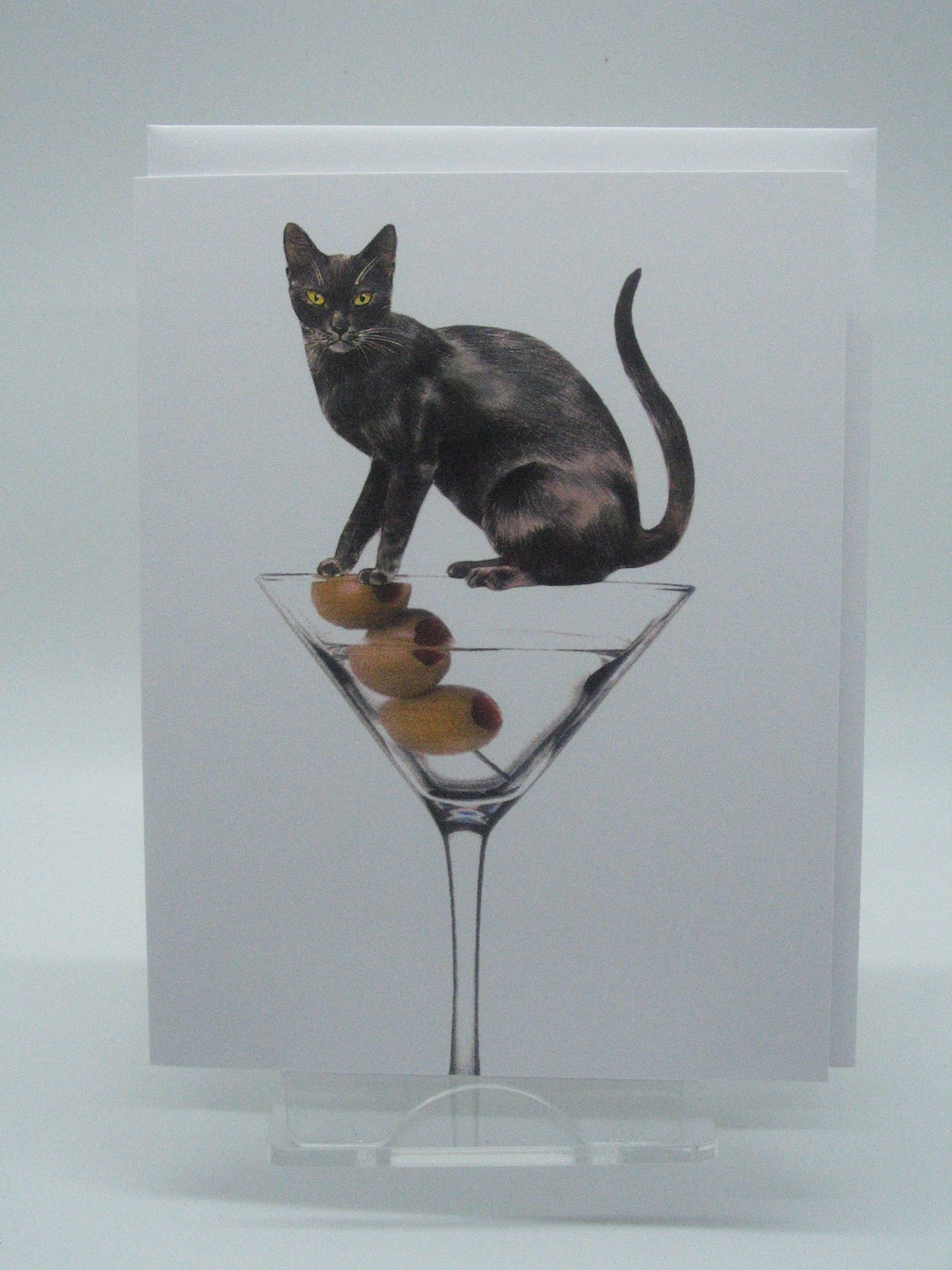 Black Cat on 3 Olive Martini Glass Greeting Card - Etsy