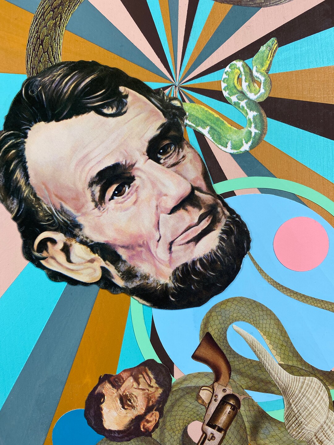 Abe Lincoln & Snakes-oval Bark-original Mixed Media on Wood-father's ...
