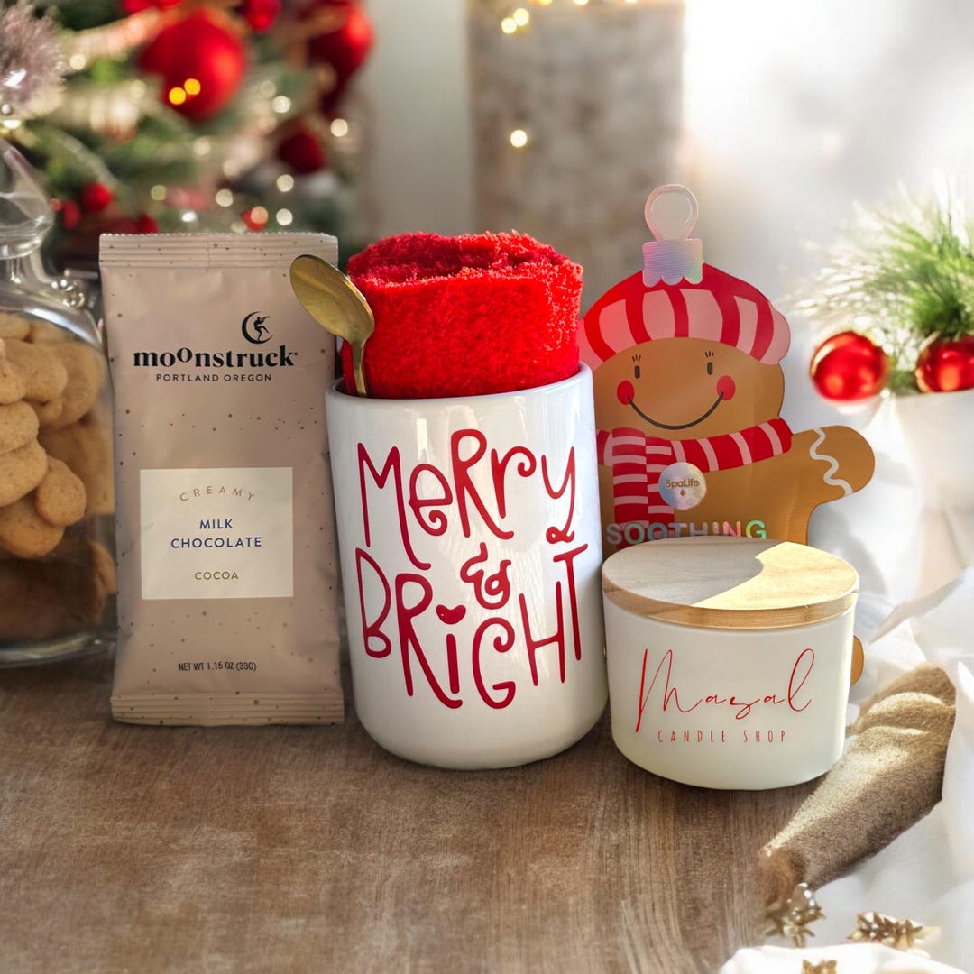Cozy Christmas Gift Box | Hot Cocoa Mug, Red Fluffy Socks, Candle, and ...