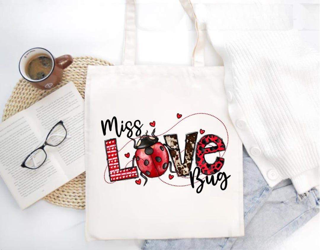 Miss Love Bug Tote Bag, Valentine Tote Bag, Cute Love Bug Canvas Tote ...