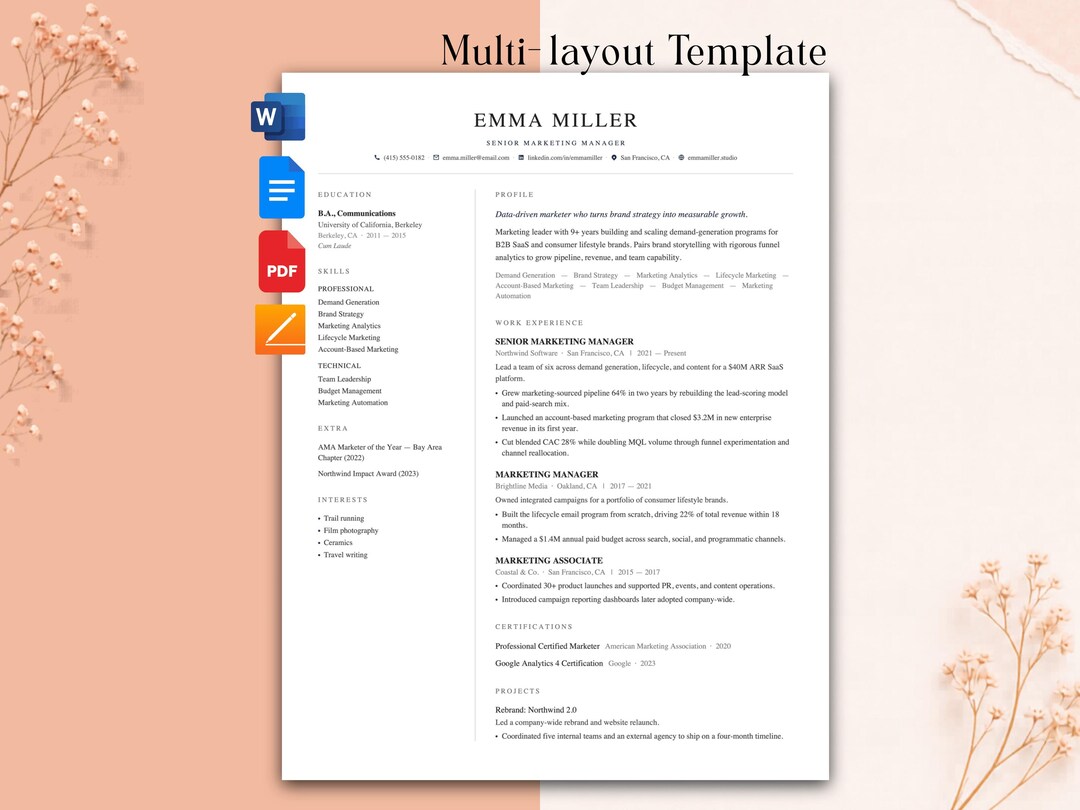Resume Template Word, Google Docs, Pages | Simplified ATS Friendly CV ...