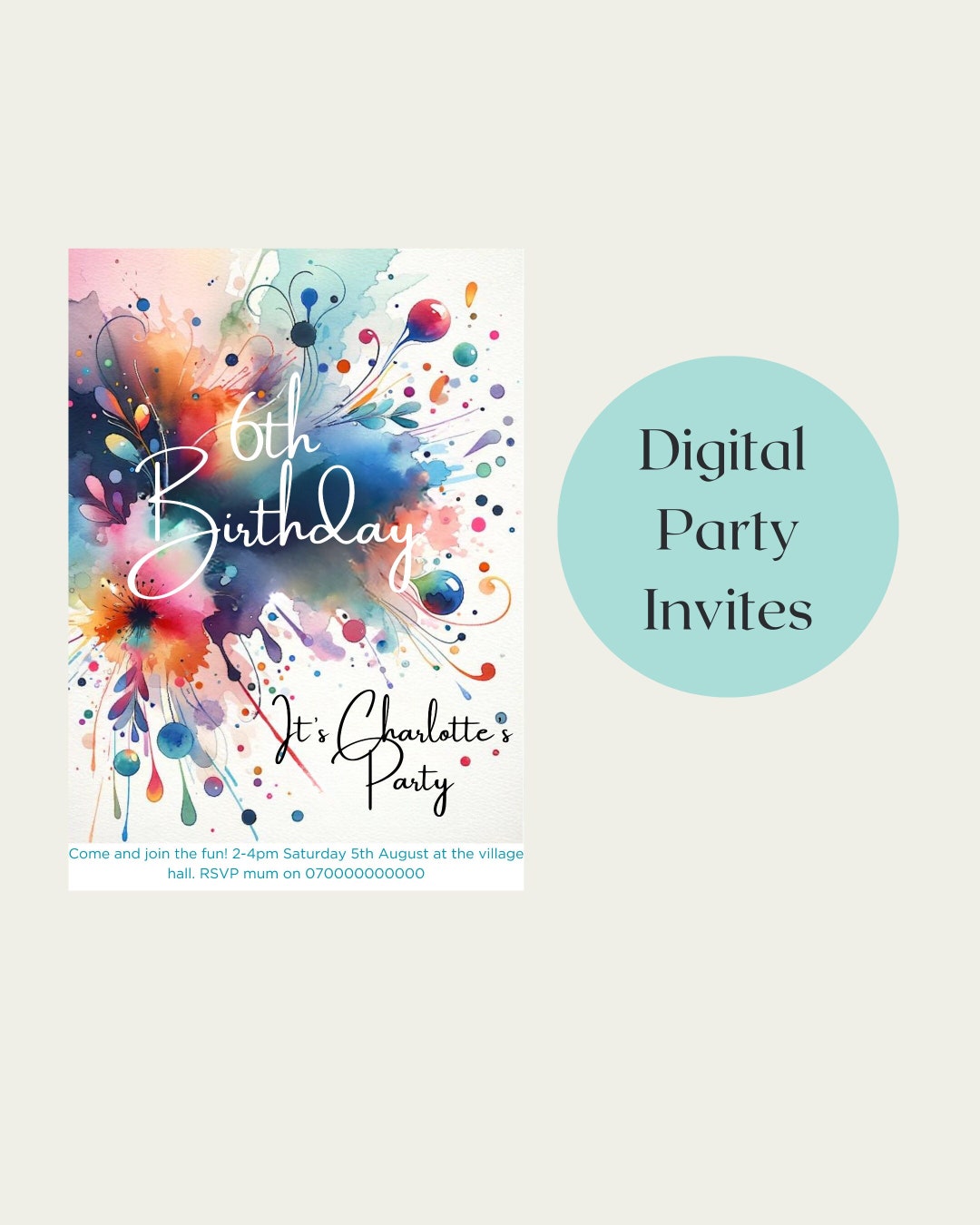 Rainbow Paint Splatter Party Invite. Digital Birthday Invitation for ...
