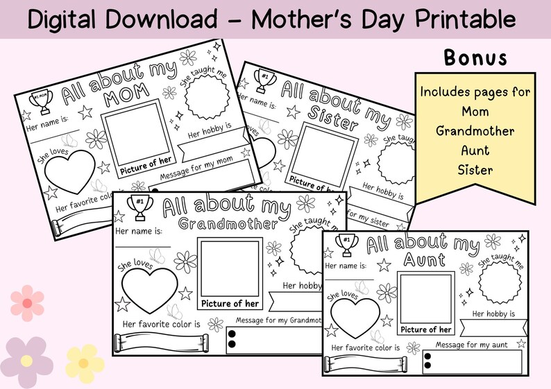 All About My Mom, Mothers Day Printable, Mothers Day Gift, Printable ...