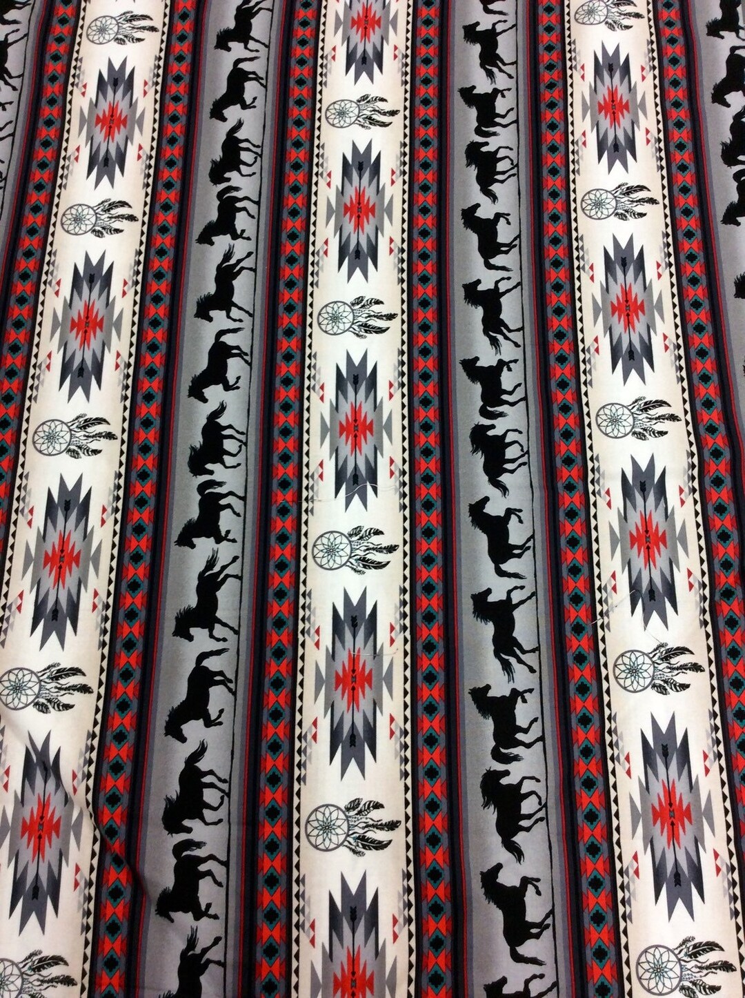 Elizabeth Studios Native Pattern Horses Stripe Grey, 1 Yard 100% Cotton ...