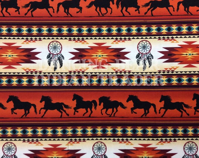 Elizabeth Studios Native Pattern Horses Stripe Brick Red, 1 Yard 100% ...
