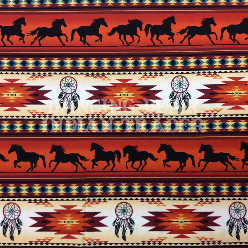 Elizabeth Studios Native Pattern Horses Stripe Brick Red 1 - Etsy