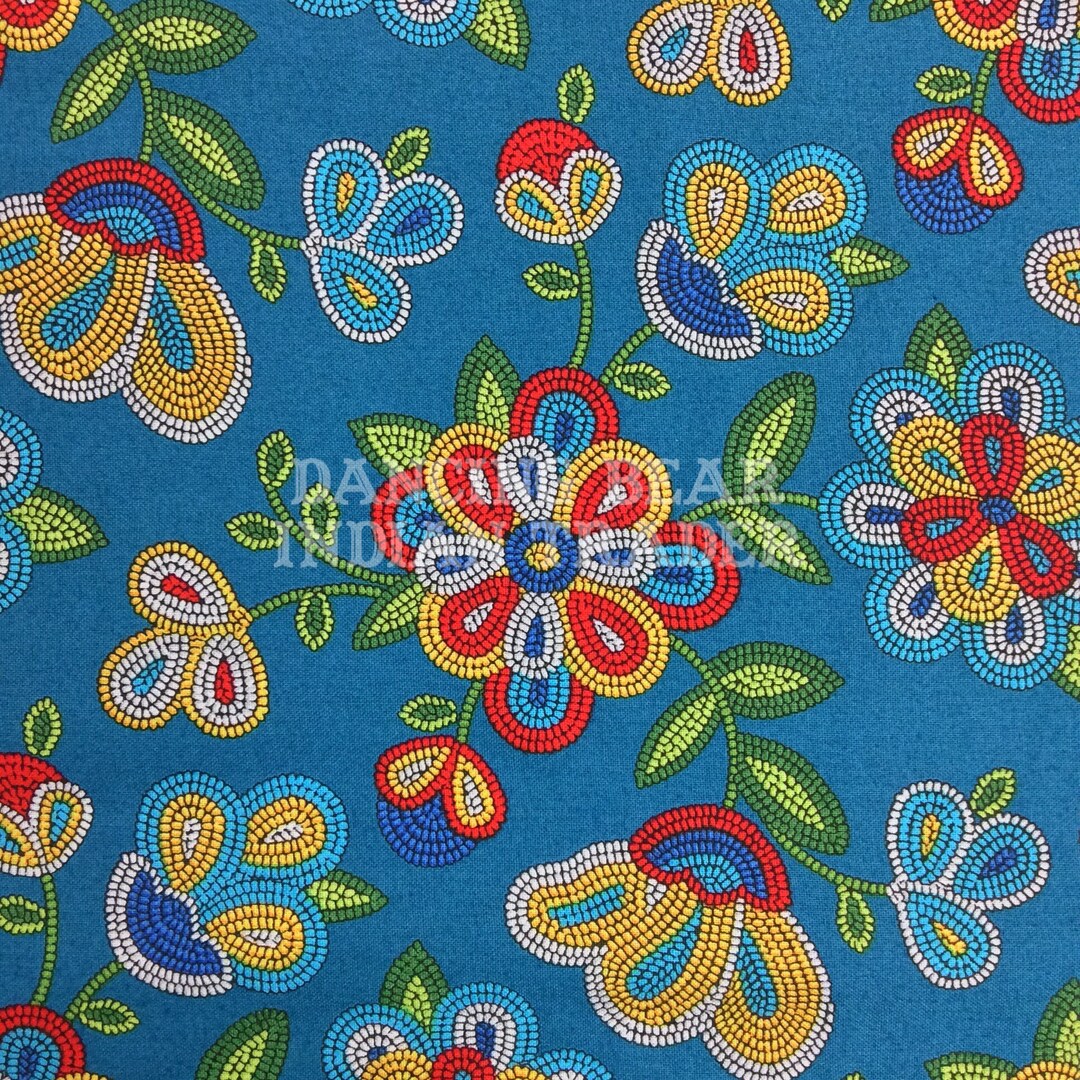 Elizabeth Studios Native Pattern Beaded Flowers, Turquoise 1 Yard 100% ...