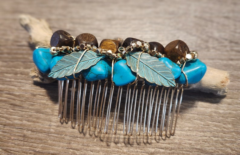 Turquoise Beaded Leaf Wood Gold Wire Wrapped Hair Comb - Etsy