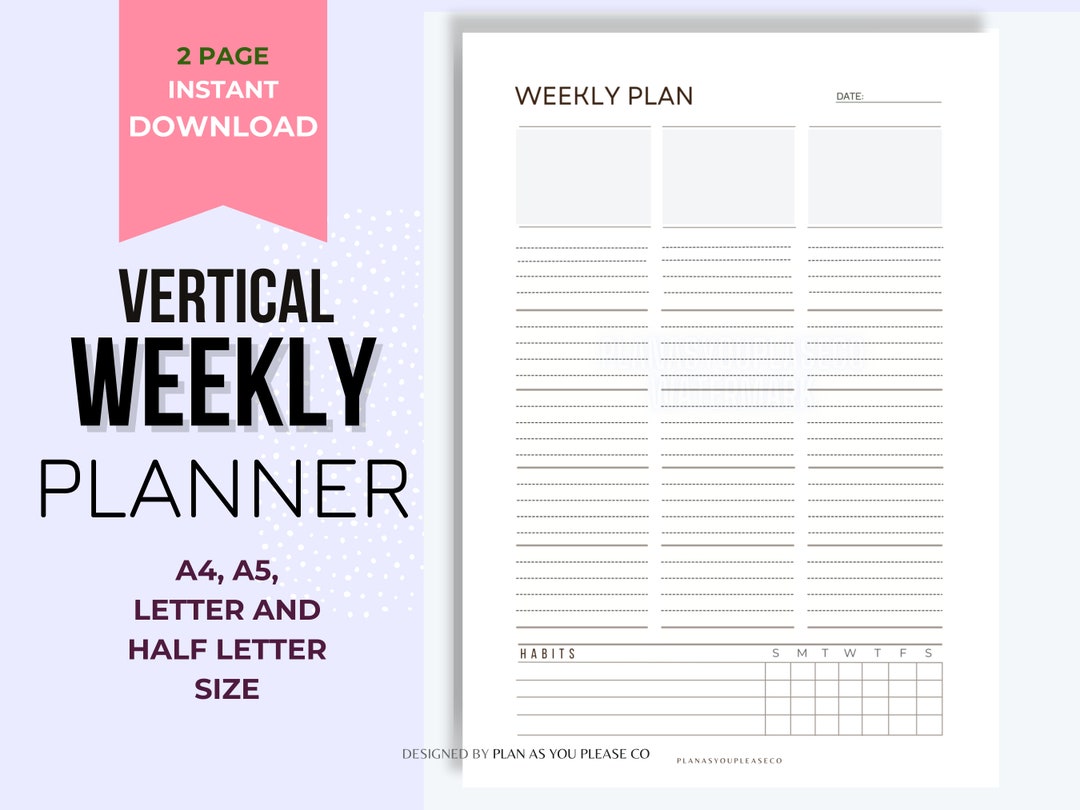 Minimalist Weekly Vertical Planner on Two Page, Undated Flexible Weekly ...