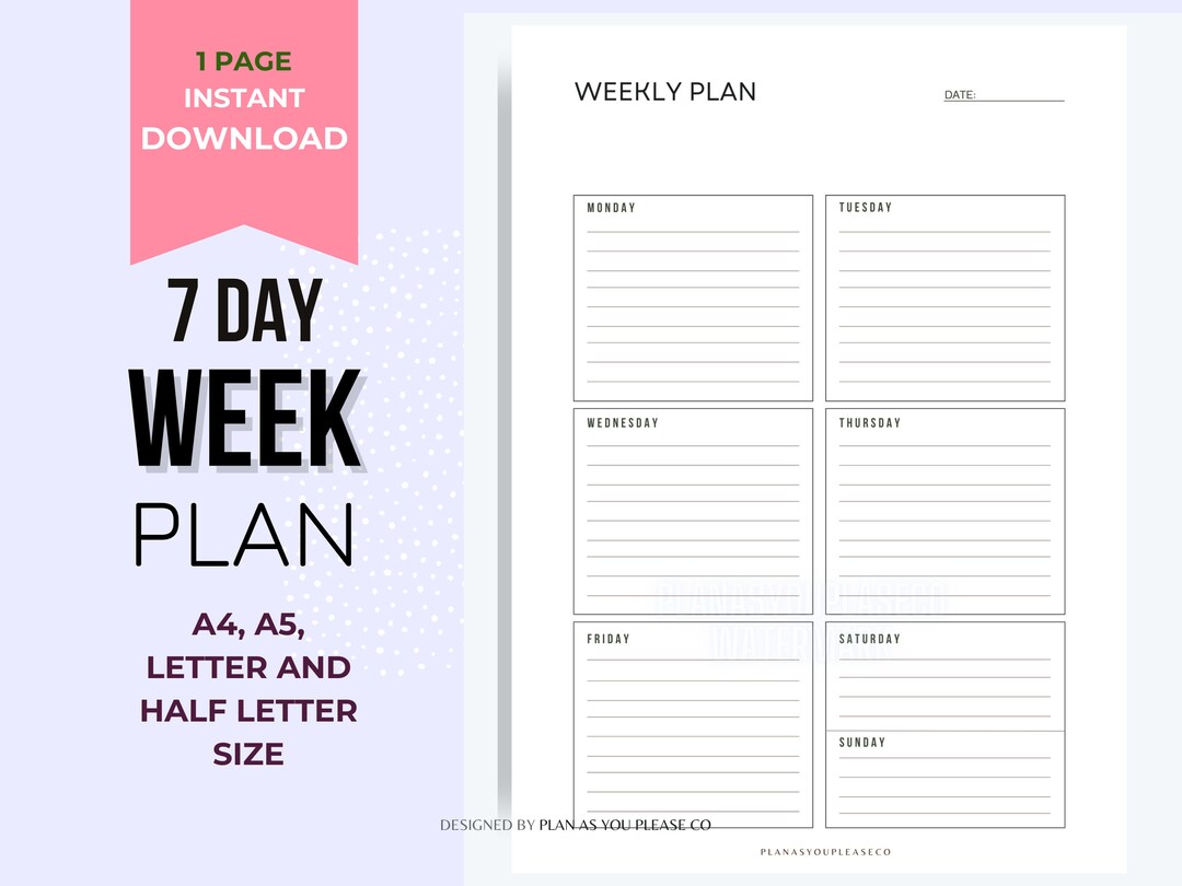 Seven Day Weekly Planner Printable, Student Planner, Time Management ...