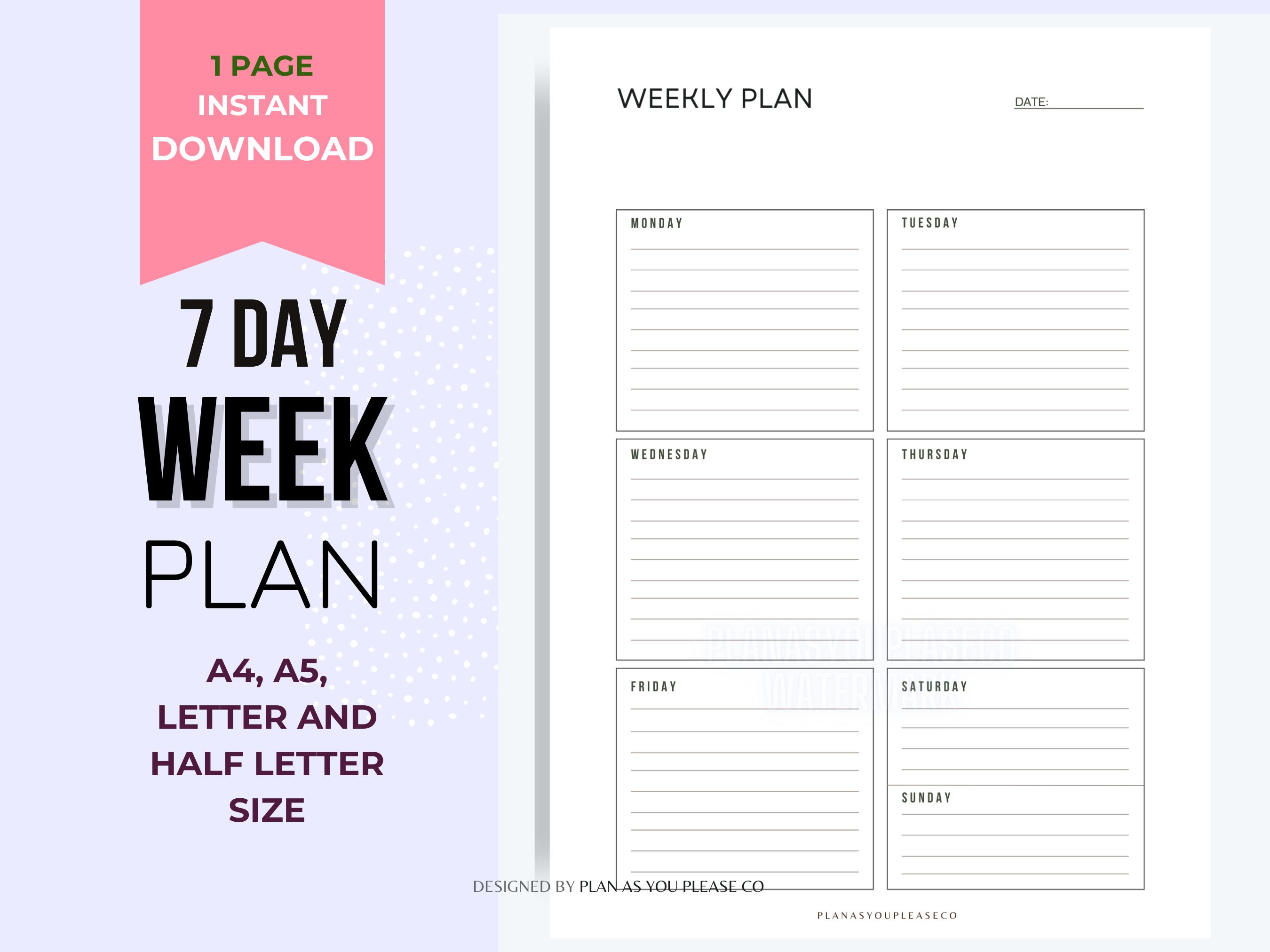 Seven Day Weekly Planner Printable, Student Planner, Time Management ...