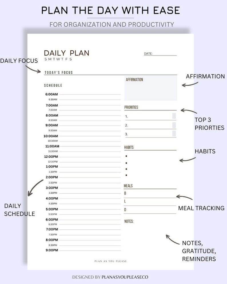 Hourly Daily Planner Printable Sheet, Productivity Planner, Daily ...