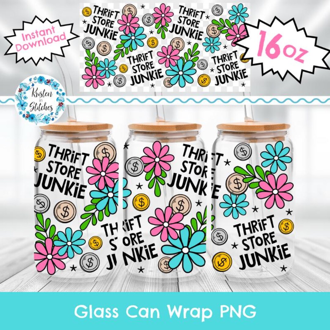 Thrift Store Junkie 16 Oz Glass Can Wrap, Transparent Printable PNG ...
