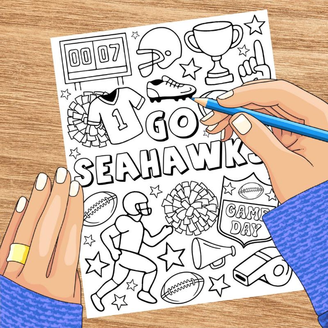 Go Seahawks! Football Team Coloring Page, Printable 8.5x11 PDF PNG ...