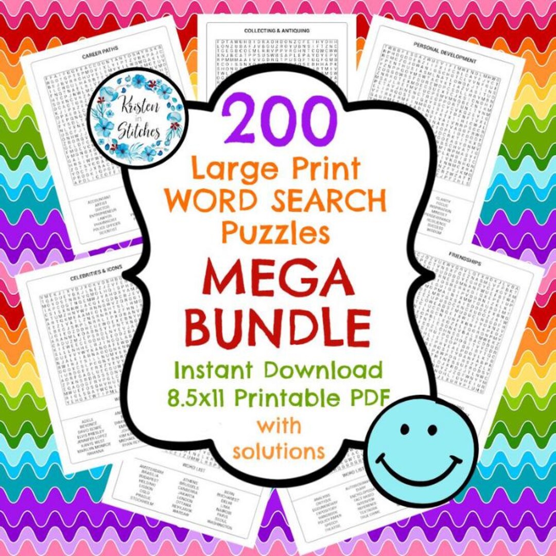 200 Large Print Word Searches, Printable PDF Search Brain Games, Mega ...