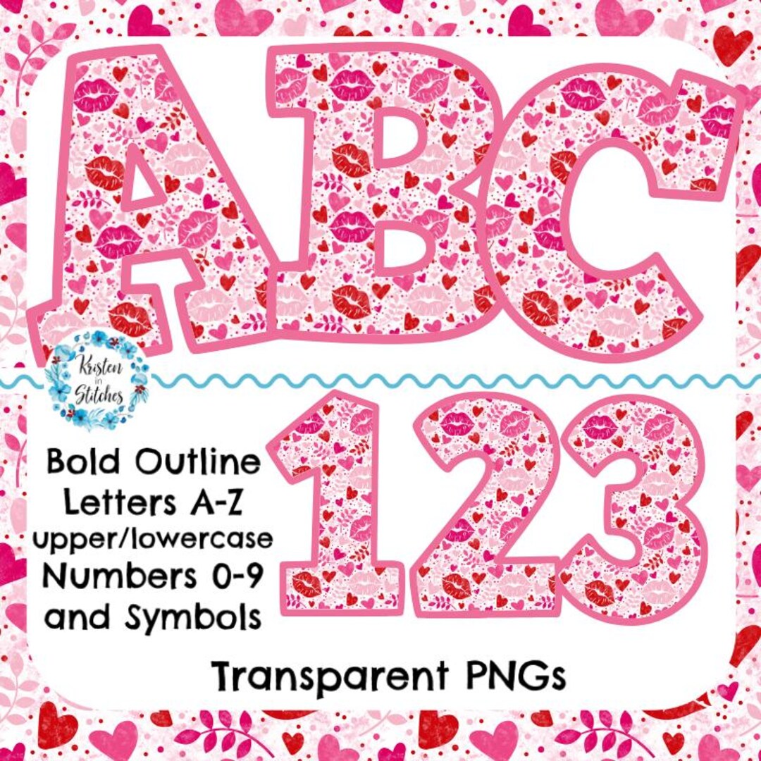 Valentine's Day Hearts Kisses Alphabet Letters A-Z Numbers 0-9 Symbols ...