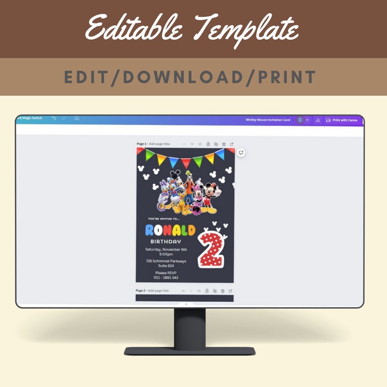 Mickey Mouse Birthday Invitation Card, Editable, Digital Print ...