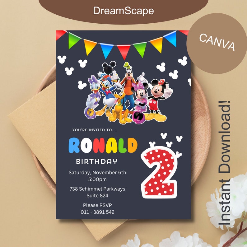Mickey Mouse Birthday Invitation Card, Editable, Digital Print ...