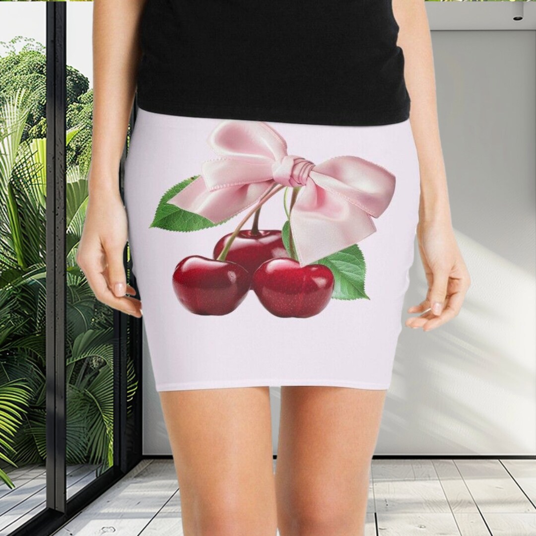 Women's Cherry Print Skirt, Pink Bow Fruit Graphic Stretch Mini ...