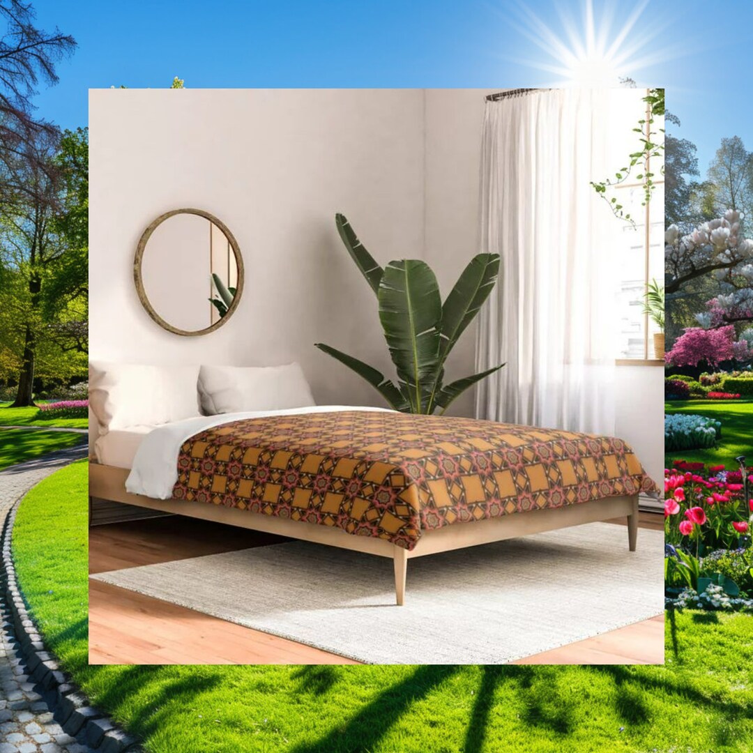 Vintage Geometric Pattern Comforter, Queen Size Bedding, Autumn Tones ...