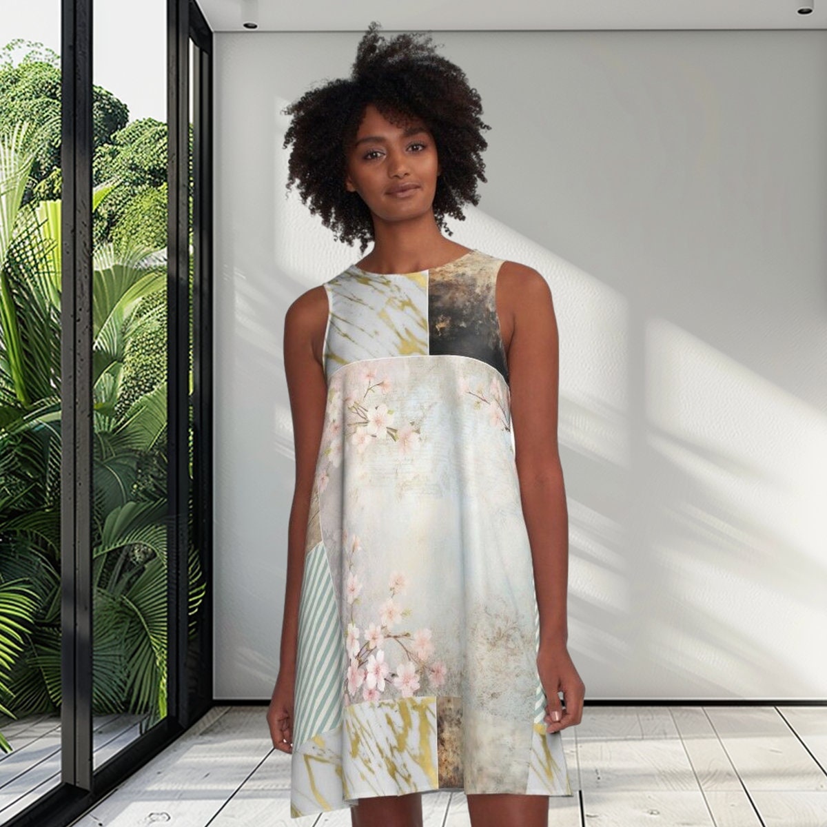Elegant Floral Collage Print Summer Dress, Lightweight Sleeveless ...