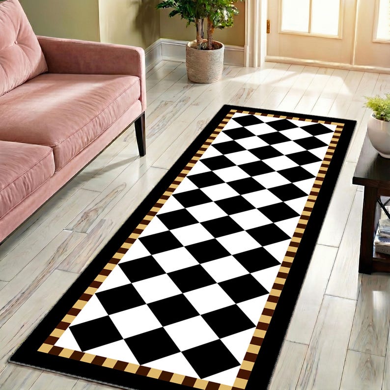 Checkered Runner Rug, Golden Detaill, Chic Black and White, Rectangle ...