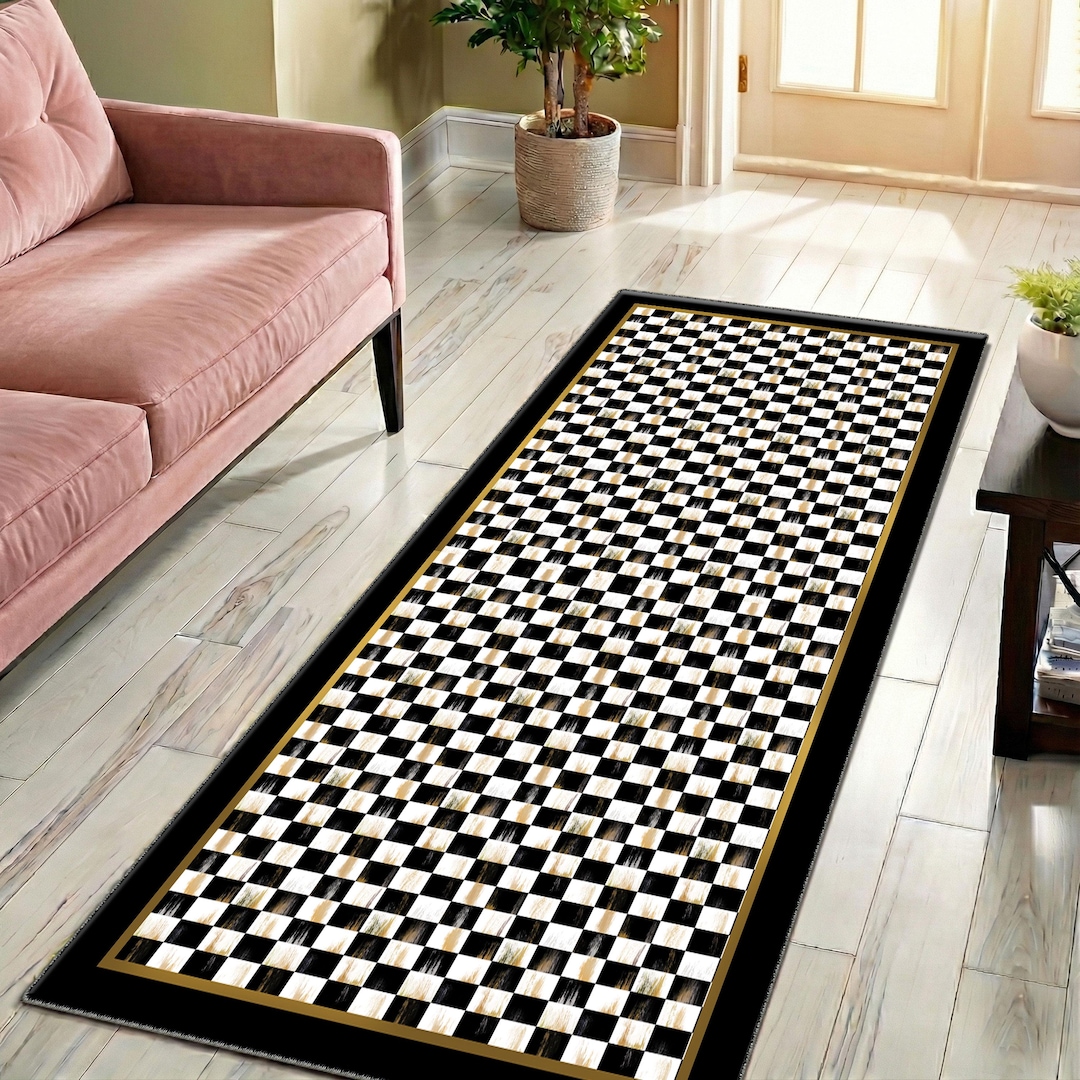 Checkered Runner Rug, Golden Detaill, Chic Black and White, Rectangle ...