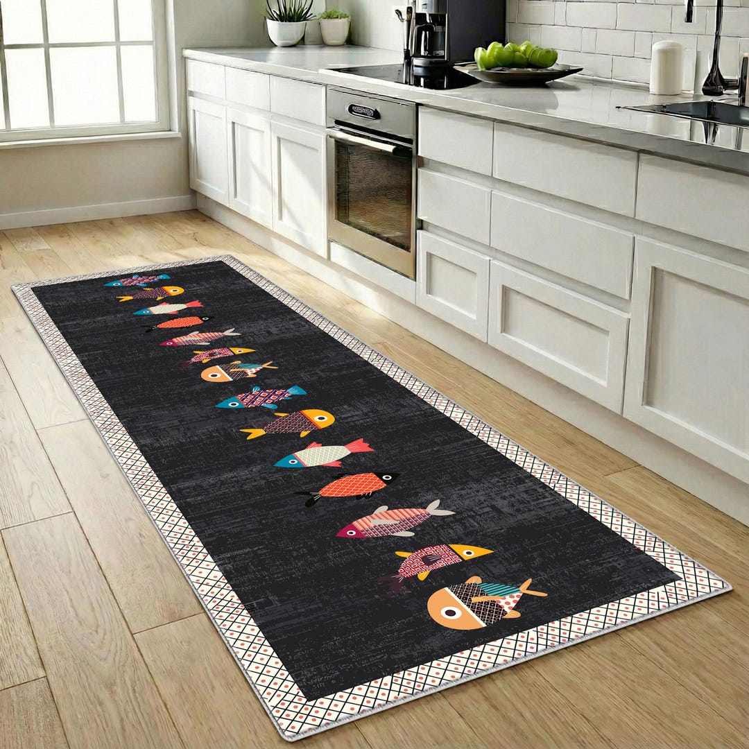 Modern Fish Runner Rug, Colorful Nautical Floor Mat, Dark Grey Kitchen ...