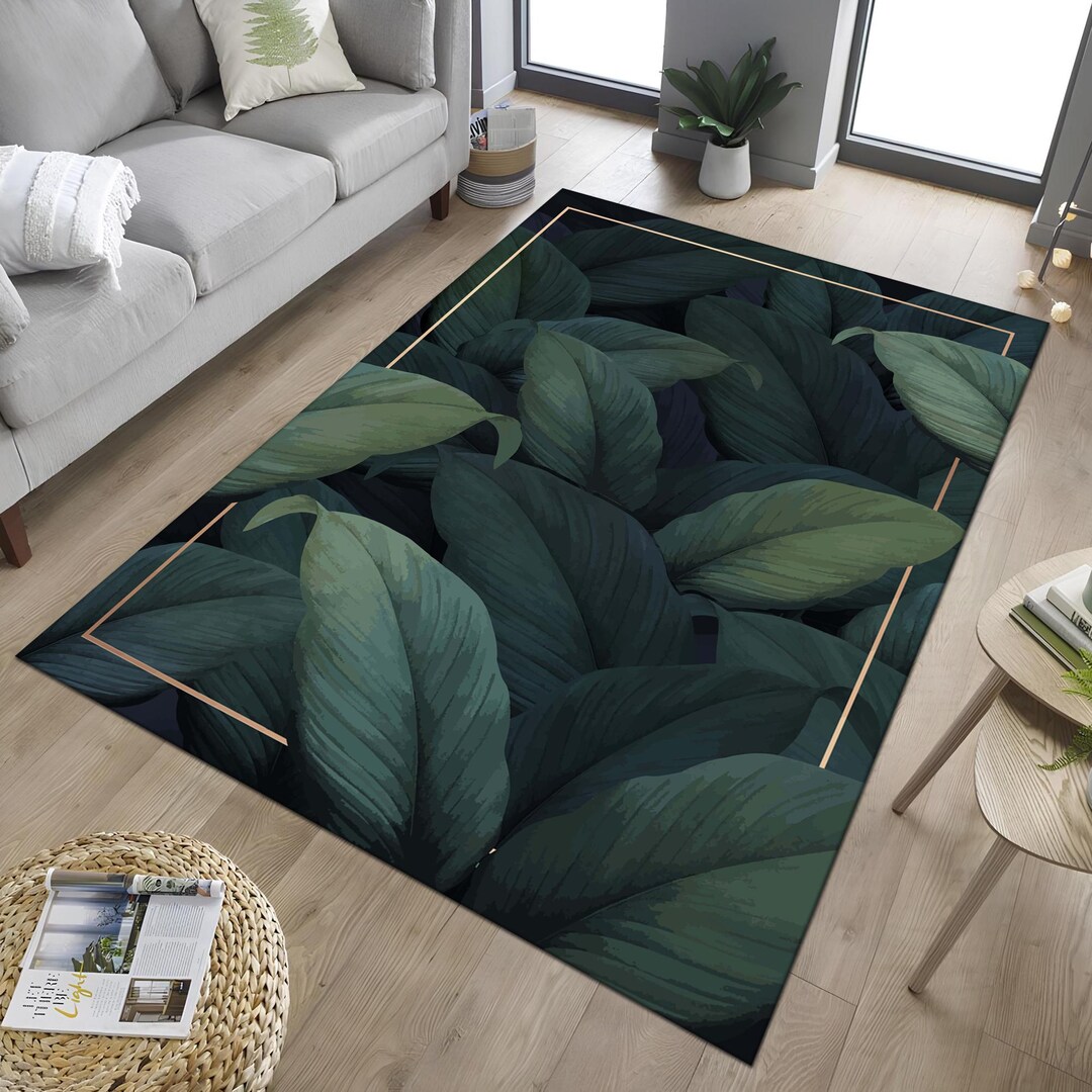 Leaf Pattern Rug, Floral Rug, Modern Rug, Tropical Leafs Rug, Green ...