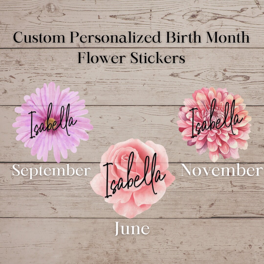 Personalized Birth Month Flower Sticker, Custom Name Sticker, Birth ...