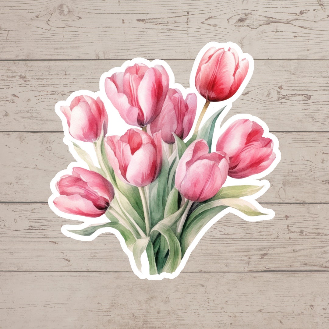 Pink Tulip Flower Sticker, Watercolor Sticker, Laptop Sticker, Phone ...