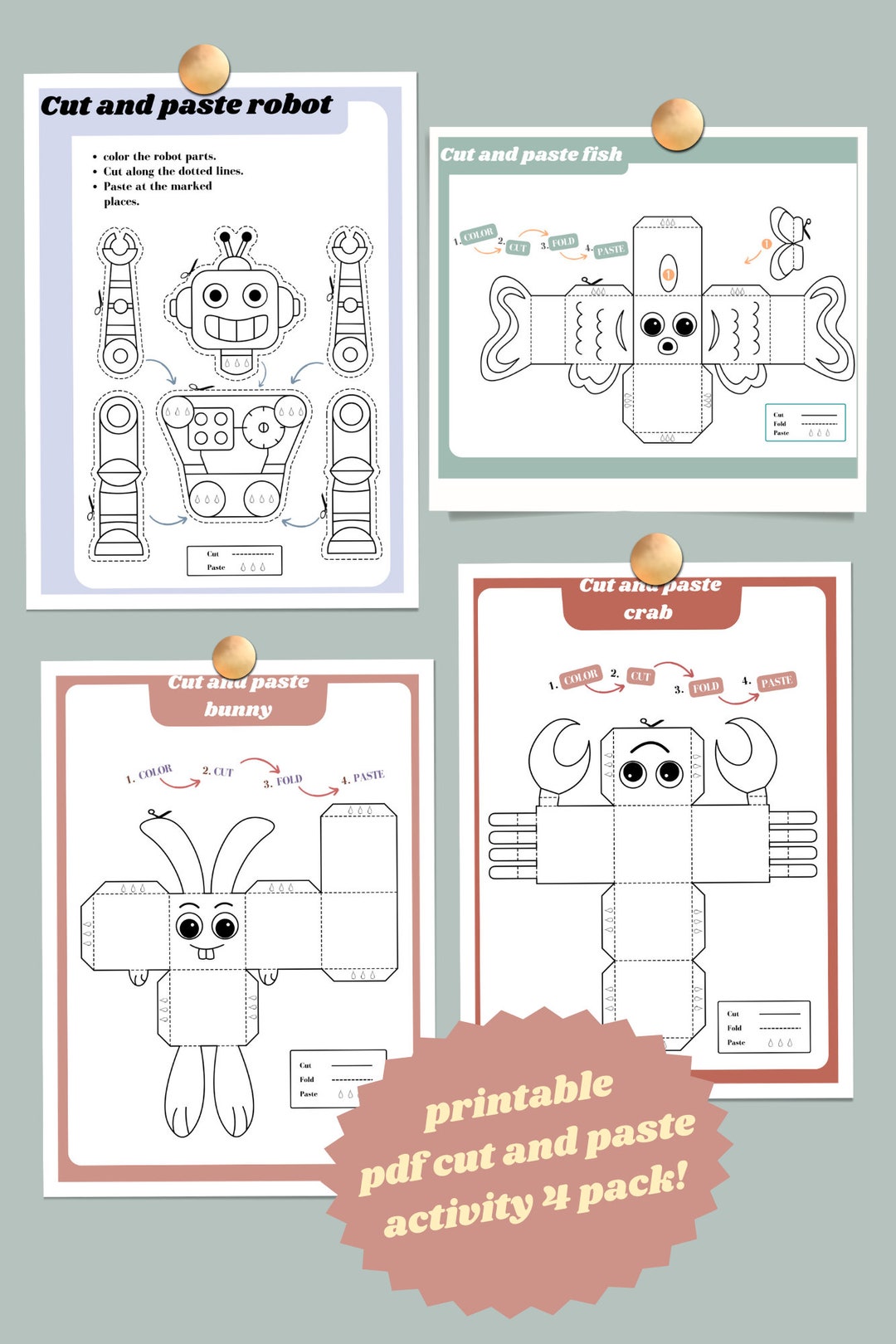 Cut and Paste Activity Sheets: 4 Instant Download Printable Activity ...