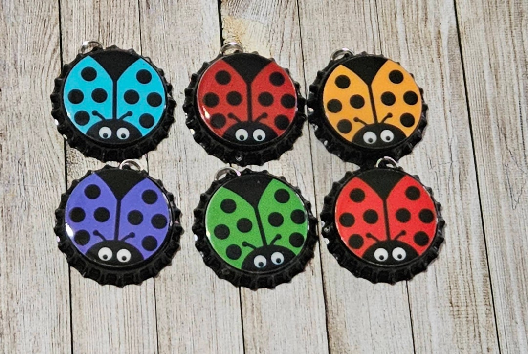Set of 6 1.25 Inch Black Bottle Cap Charms Lady Bugs Ladybug Mini Tree ...