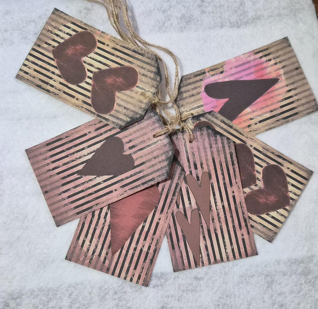 Valentine Heart Hang Tags, Burgundy & Pink Gift Embellishments (set of ...