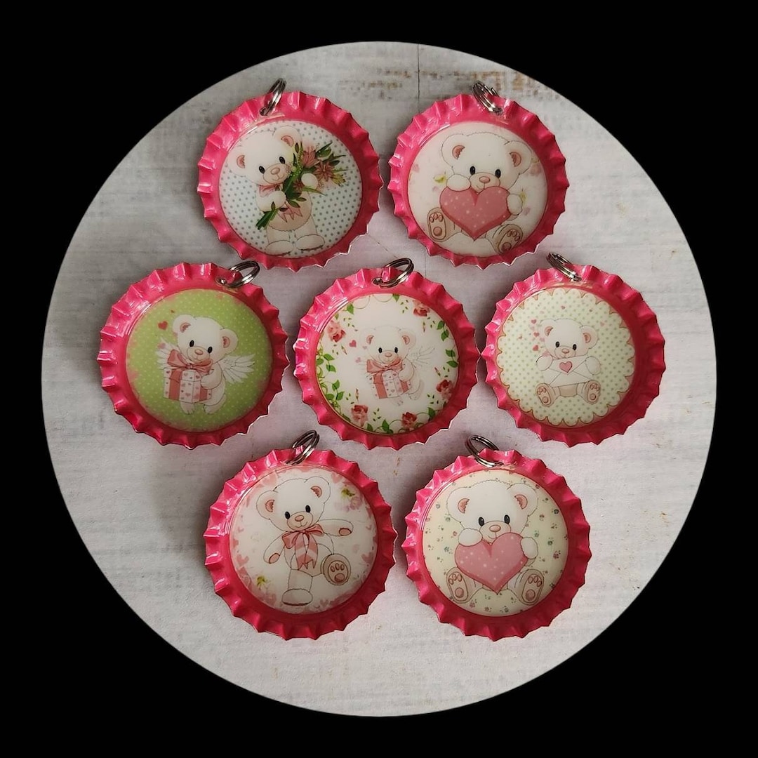 7 Hot Pink Bottle Cap Charms Valentine Feb 14 LOVE Teddy Bears and Hearts Love Mini Tree ...