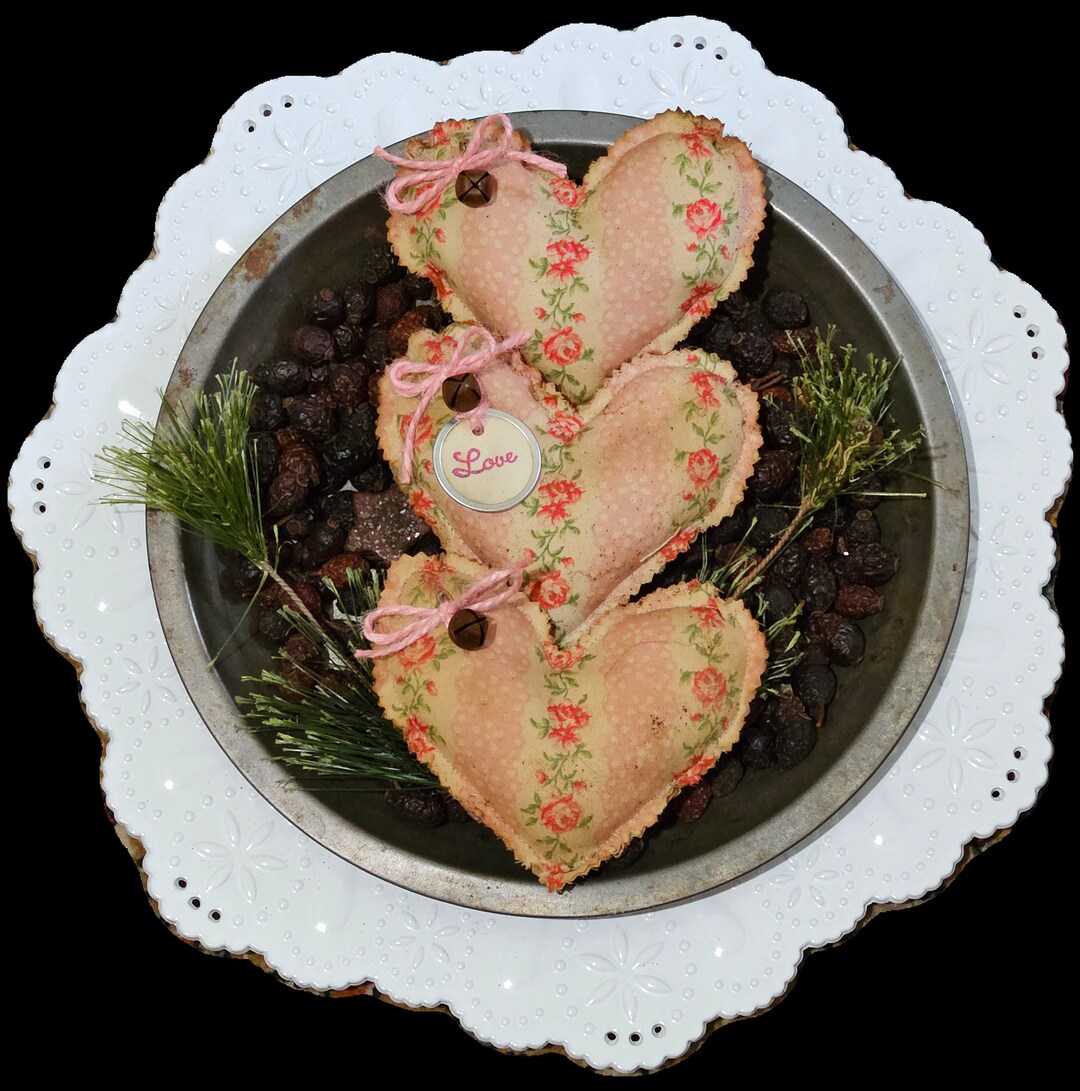 3 Primitive Country Grungy Farmhouse Pink Rose Shabby Chic Heart ...