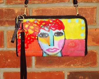 Hand Painted Colorful Abstract Mermaid Art Faux Leather Wristlet Clutch ...