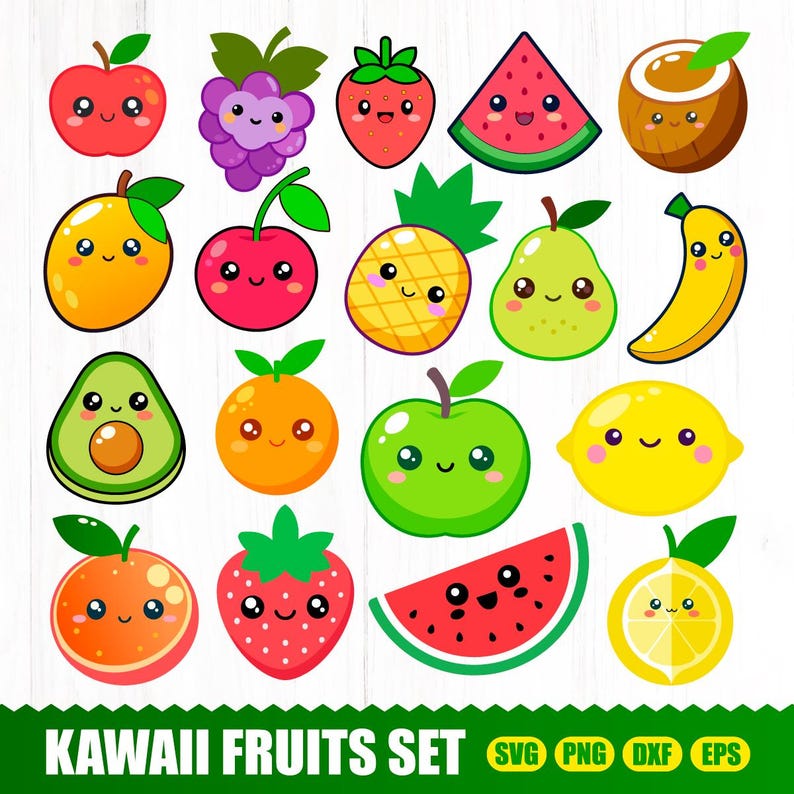 Kawaii Fruit Clipart, Cute Fruits Clipart, Fruit SVG, Fruit PNG, Fruit ...