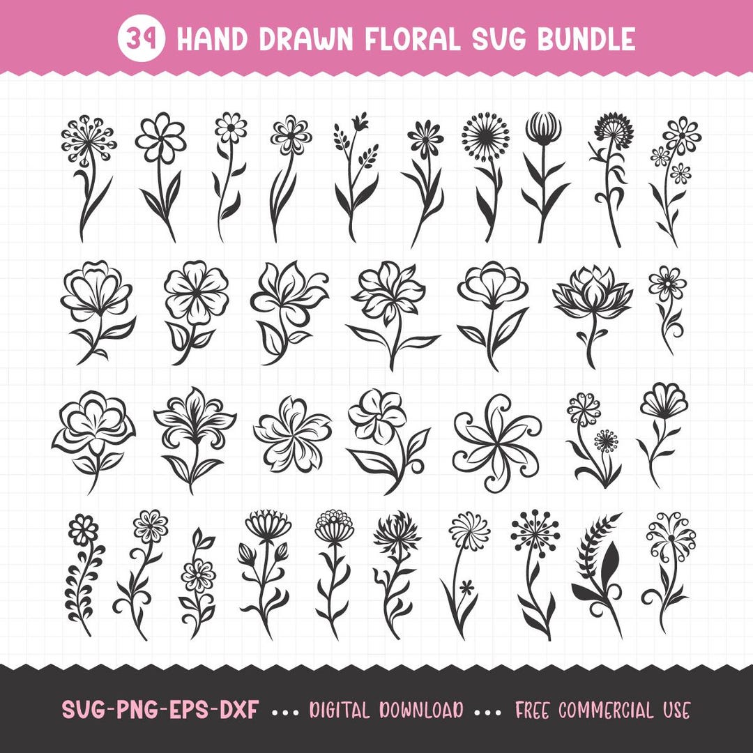 FLORAL SVG Bundle, Hand Drawn Floral SVG Bundle, Hand Drawn Flowers ...