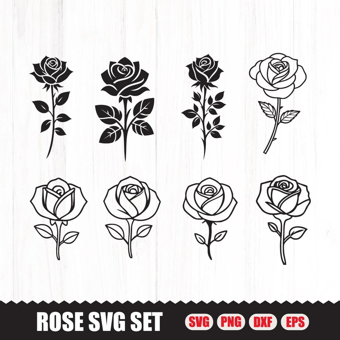 Rose SVG Bundle, Rose Silhouette, Rose Cut File, Rose Outline SVG, Rose ...