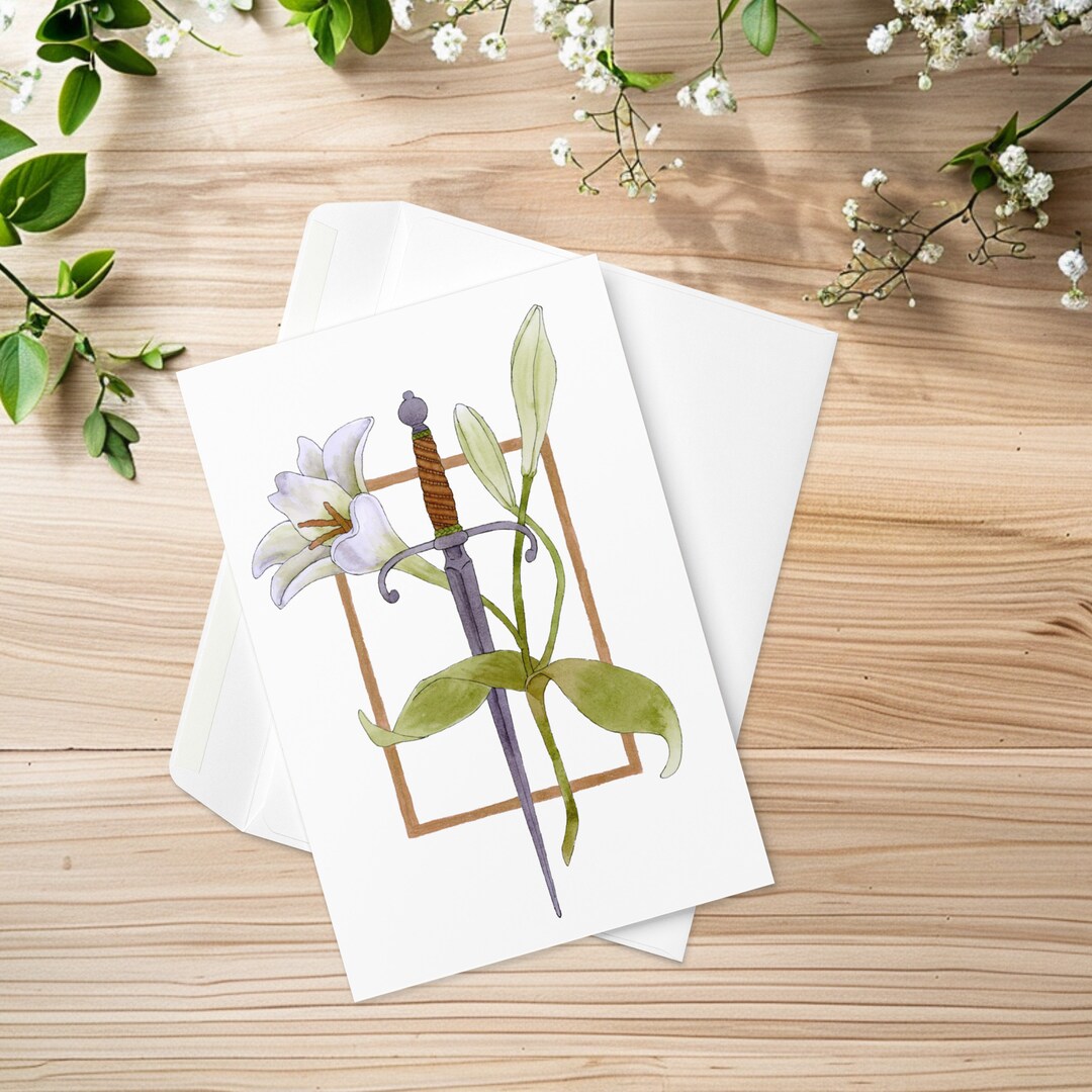 Dagger & Lilies Watercolor Greeting Card Fantasy Medieval Sword ...