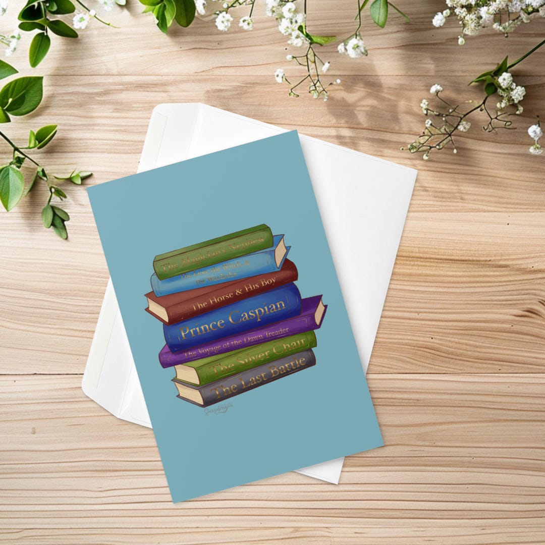 Narnia Greeting Card Fun Cute Stack of Books Illustration Chronicles of ...